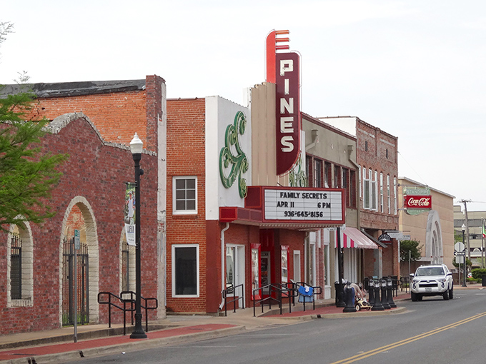 Lufkin's historic Pines Theater marquee still lights up downtown, offering entertainment that won't drain your Social Security check.