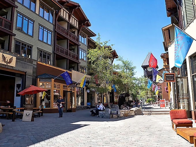Mammoth Lakes' village square invites wanderers to explore &ndash; pedestrian paradise with mountain flair.