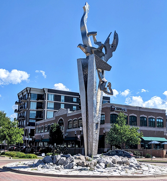 Muskegon's striking modern sculpture stands as a bold counterpoint to the city's historic buildings &ndash; art that demands attention.
