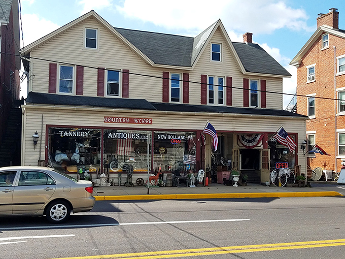 New Holland's "Country Store" and "Tannery Antiques" welcomes visitors with American flags and a treasure trove of collectibles.
