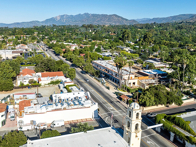 Ojai's downtown arcade basks in perfect Southern California sunshine. Those mountains in the background are the same ones that create the famous "pink moment."