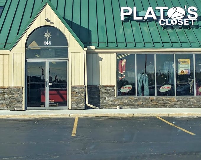 Plato's Closet's stone and green exterior offers a more upscale approach to secondhand shopping for the younger crowd.