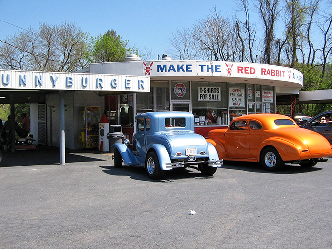 Classic cars frame the iconic Red Rabbit Drive-In &ndash; a time capsule of Americana serving burgers that never went out of style.