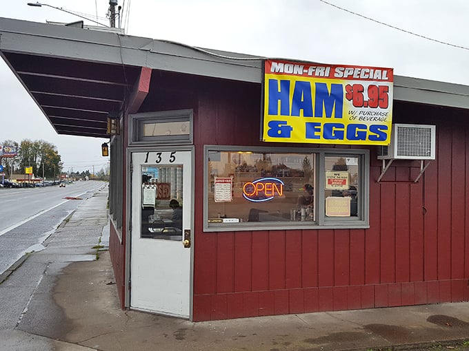 That bold "Ham & Eggs" special sign is the diner equivalent of a superhero cape – promising rescue for the hungry!