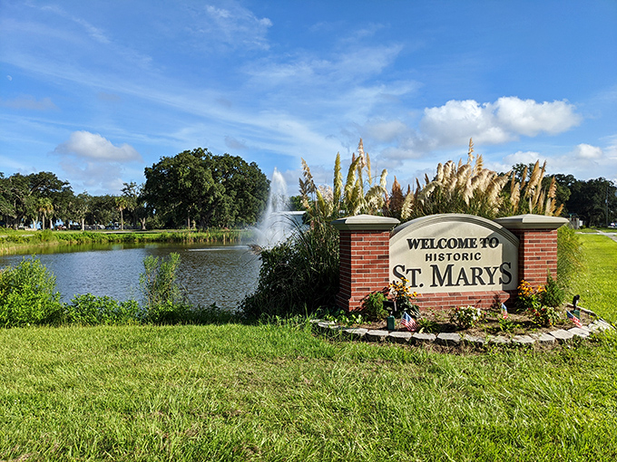 St. Marys welcomes visitors with a fountain and flowers, nature's way of saying "Come on in, the water's fine!"