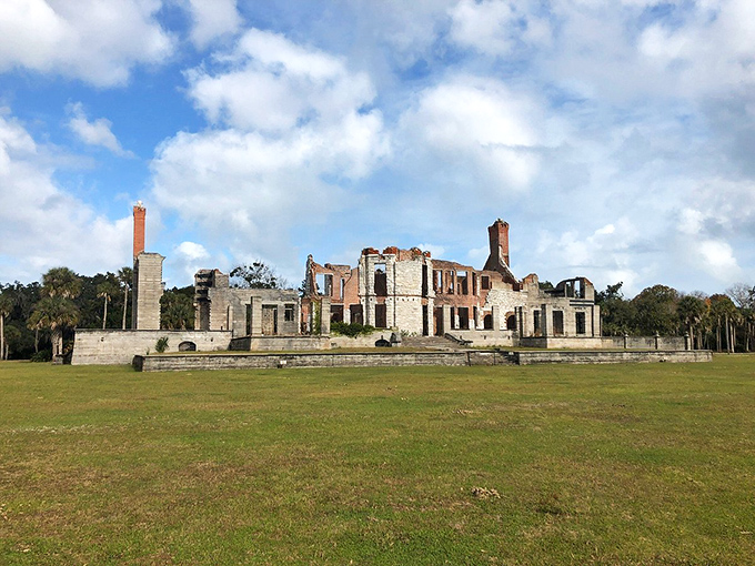 Cumberland Island's Dungeness ruins stand hauntingly beautiful against the coastal sky, nature slowly reclaiming what was once a monument to wealth.