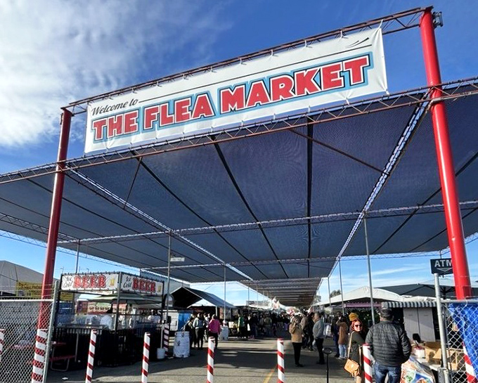 The San Jose Flea Market's iconic sign welcomes bargain hunters to this massive marketplace of possibilities.