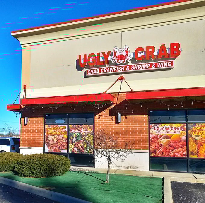 Ugly Crab's straightforward storefront hides delicious secrets within. That little crab on the sign knows exactly what you're in for!