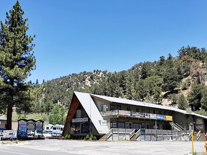 Wrightwood's main street offers that perfect mountain town golden hour, where even parked cars look like they're on vacation.