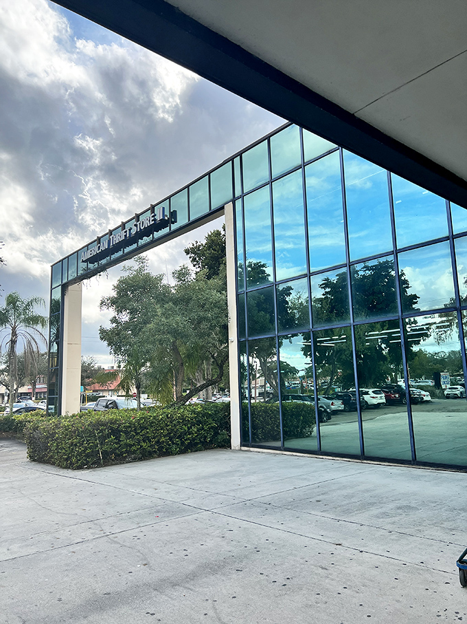 Sunlight plays off the modern architecture of American Thrift Store. This isn't just a shop&mdash;it's a cathedral of consignment.