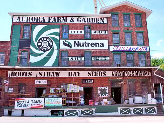 Aurora's historic feed store stands as a colorful reminder of the town's agricultural roots. That swirling logo could hypnotize you into buying chicken feed!