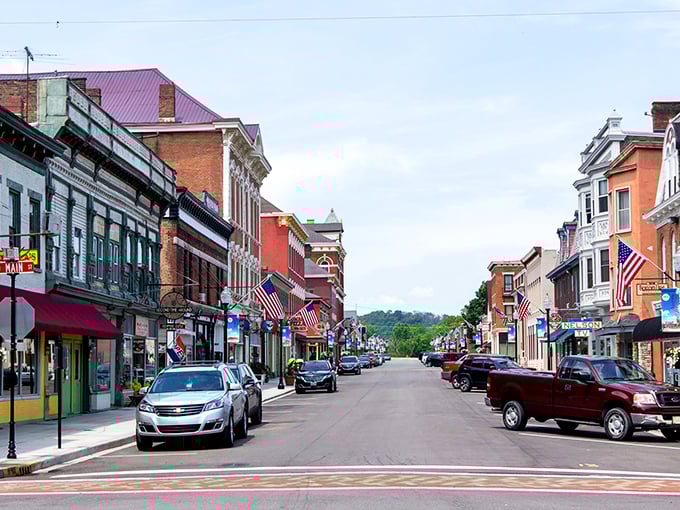 American flags flutter along Aurora's main street, adding patriotic pops of color to this river town's historic architecture.