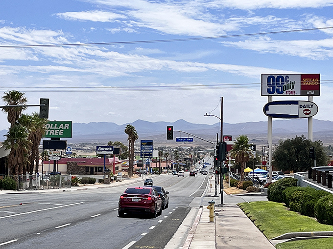 Barstow's main drag stretches toward distant peaks like a scene from every great American road trip movie ever made.