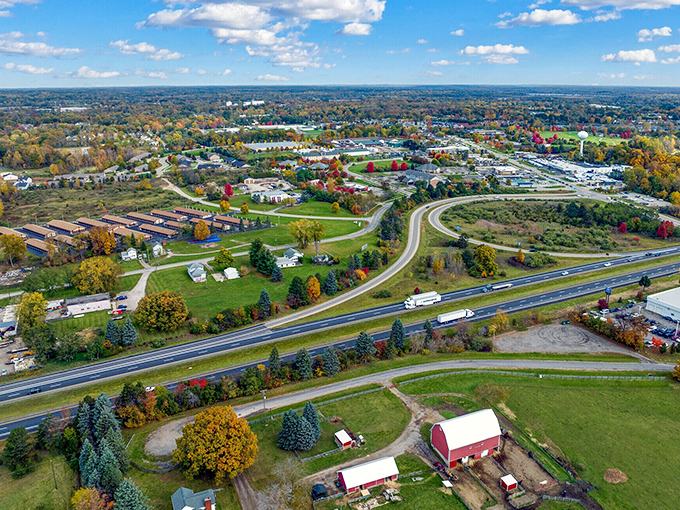 Aerial view of Chelsea reveals a perfect patchwork of small-town life surrounded by Michigan farmland. Somewhere down there, someone's making those famous Jiffy mixes!