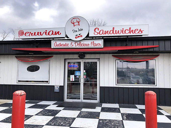 The bold red and white signage of Don Juan V's promises authentic Peruvian flavors that will make your usual sandwich seem like it's not even trying.