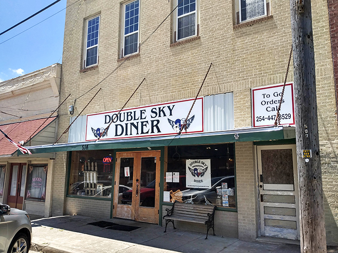 The bench outside Double Sky Diner invites you to sit a spell after enjoying breakfast that's worth the drive to Moody.