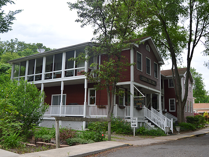 The red building in Elsah stands out like a cardinal in winter - a pop of color in this perfectly preserved stone village.