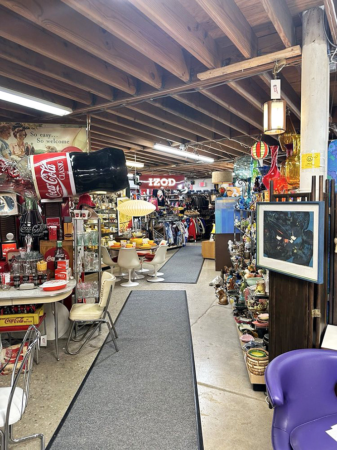 Retro treasures fill every corner of this basement vintage paradise. That Coca-Cola sign has seen more decades than most of us!