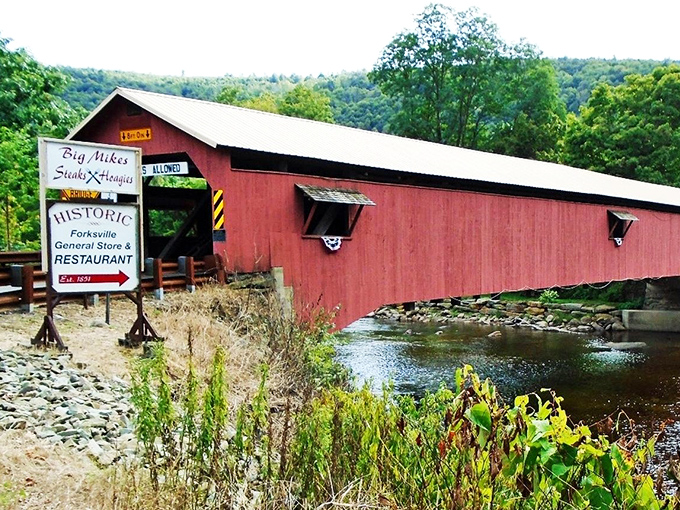 Forksville's red covered bridge spans the creek with timeless charm. Some things just get better with age!