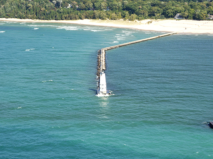 Frankfort: The perfect marriage of harbor and horizon. Those boats are living their best Michigan life in waters this blue.