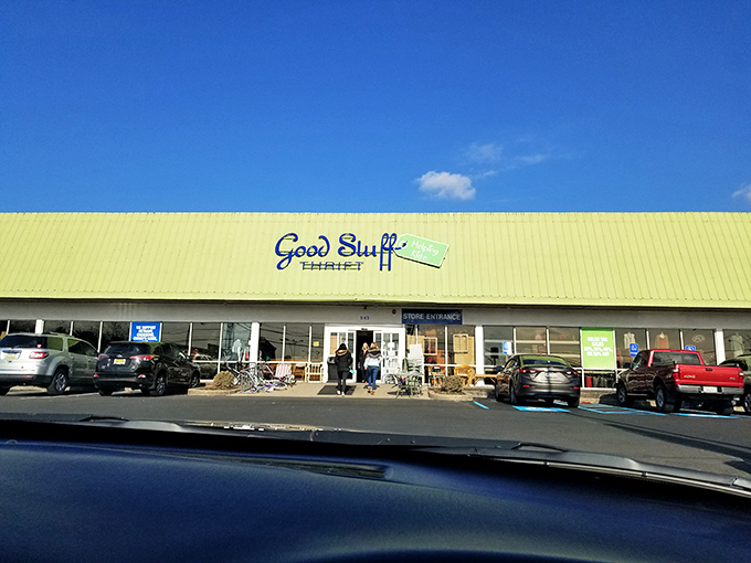 Sunshine highlights Good Stuff Thrift's vibrant yellow-green exterior. This cheerful building houses equally uplifting bargains inside.