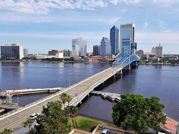 Jacksonville's Main Street Bridge stands like a sapphire necklace adorning the city's concrete collar.