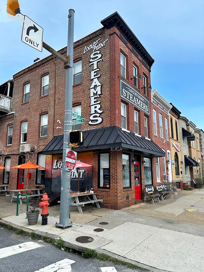 The vertical "STEAMERS" sign promises exactly what you'll find inside – perfectly steamed crabs worth climbing stairs for.