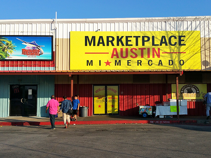 Bright yellow signage welcomes shoppers to Marketplace Austin. Inside, the scent of fresh tortillas mingles with the thrill of bargain hunting!