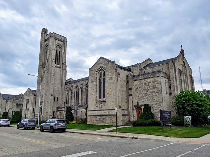 The imposing stone church in Muskegon showcases the architectural grandeur that early settlers brought to Michigan's lakeshore.