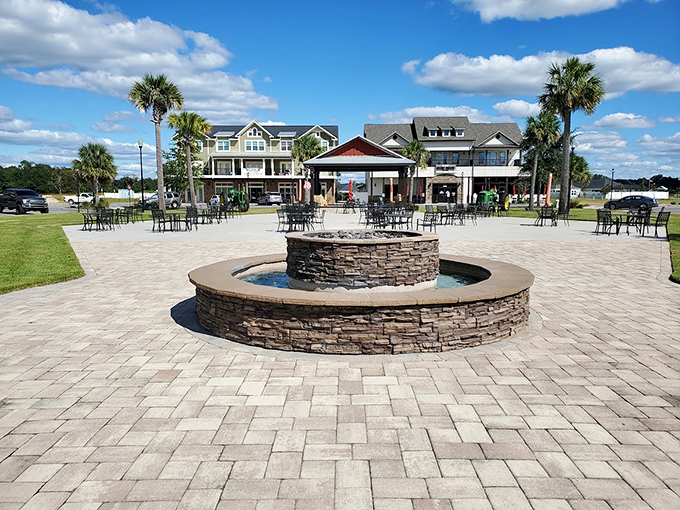 The welcoming community plaza in Newberry offers a gathering place where friendships form easily and living costs remain earthbound.