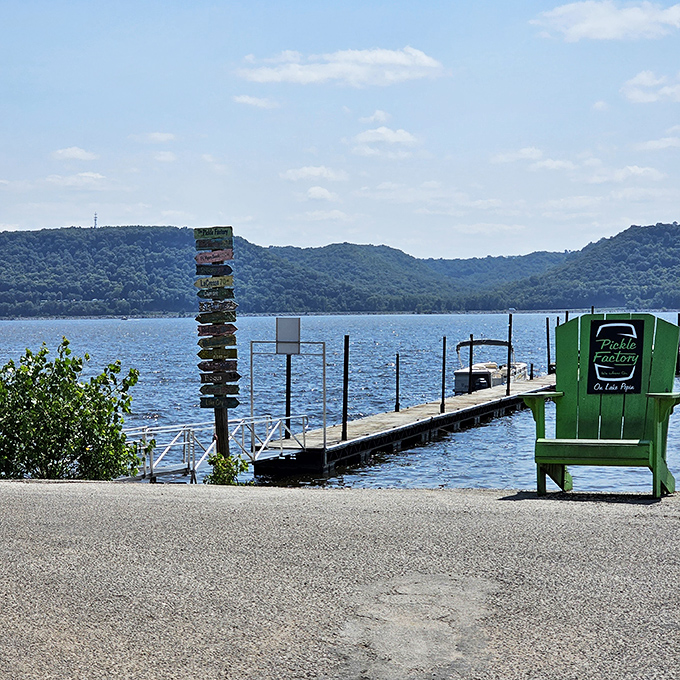 Pepin's lakeside dock offers stunning views of the Mississippi River bluffs and a perfect spot for peaceful reflection.