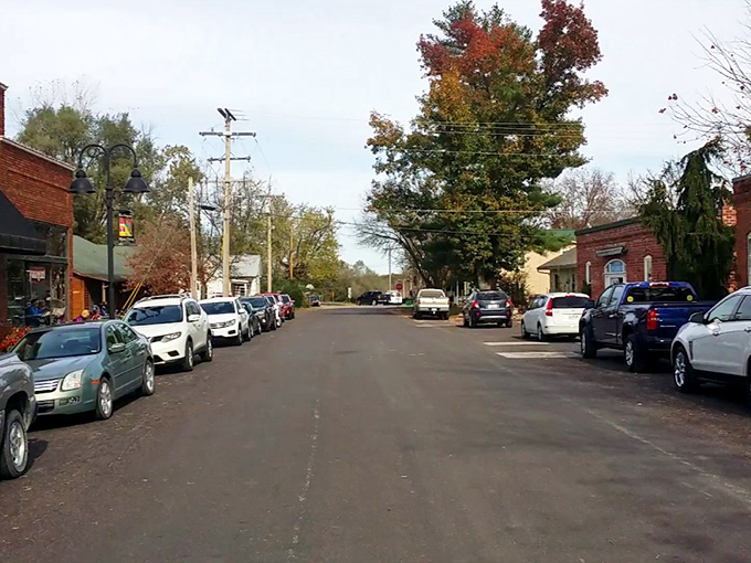 Fall colors frame Rocheport's main street like nature's perfect accessory. Lewis and Clark would still recognize this charming river town.