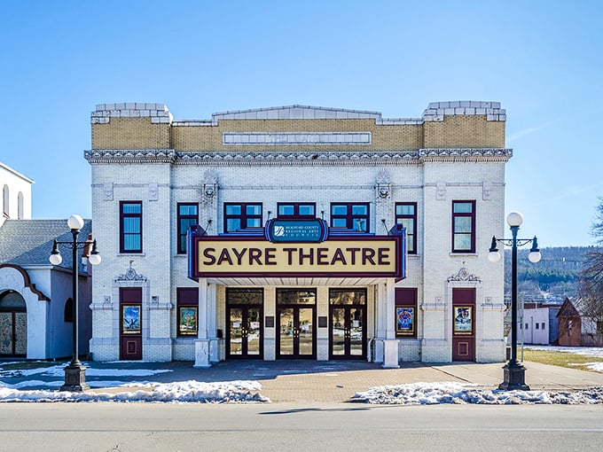 Winter&rsquo;s touch adds a quiet dignity to the Sayre Theatre, a beacon of small-town culture standing proud through Pennsylvania&rsquo;s seasons.