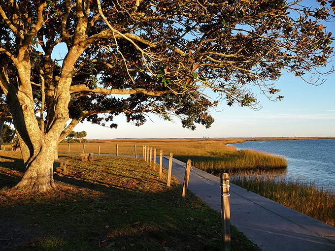 St. Marys' waterfront pathway invites visitors to slow down and enjoy the coastal breeze&mdash;the perfect spot to watch the sun paint the marsh gold.
