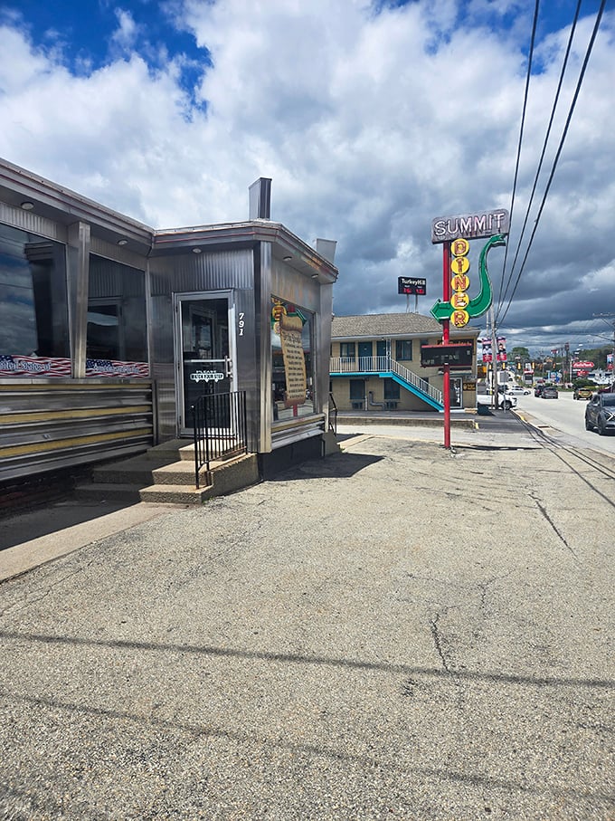 Classic stainless steel exterior and a vintage sign&mdash;the Summit Diner is a time machine that serves great coffee.