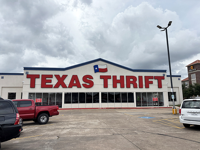The Texas-sized sign says it all—this isn't just thrifting, it's a Lone Star tradition of finding diamonds in the rough.