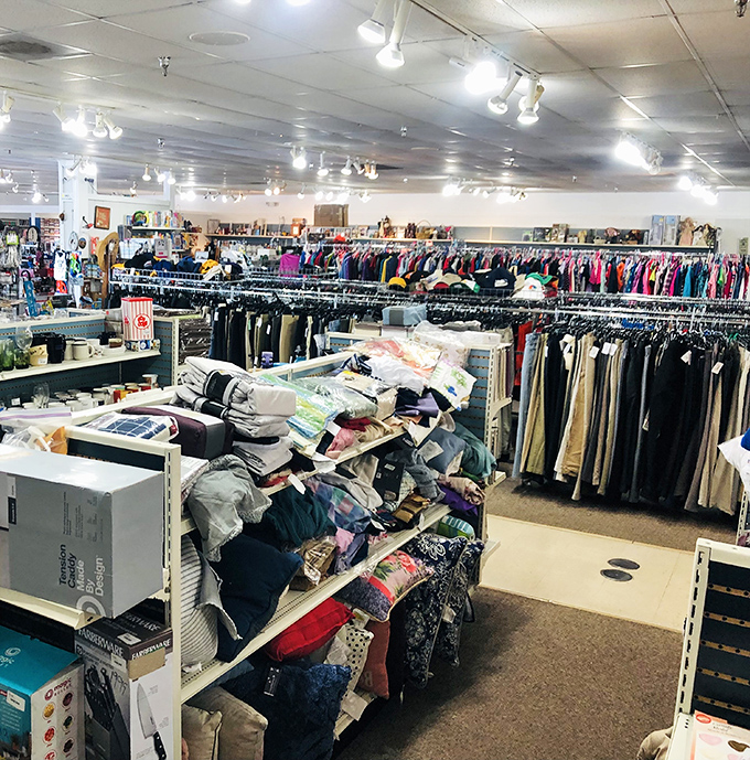 Inside this unassuming storefront, a vast landscape of pre-loved treasures awaits the patient and persistent shopper.