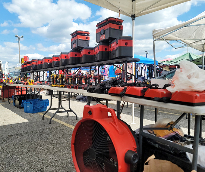 Red toolboxes stand at attention at Westland Flea Market&mdash;ready to march home with shoppers who appreciate second chances.
