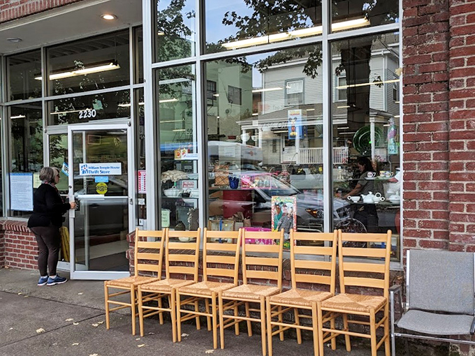 Those wooden chairs lined up outside are like a welcoming committee, inviting you into this beloved Portland institution.