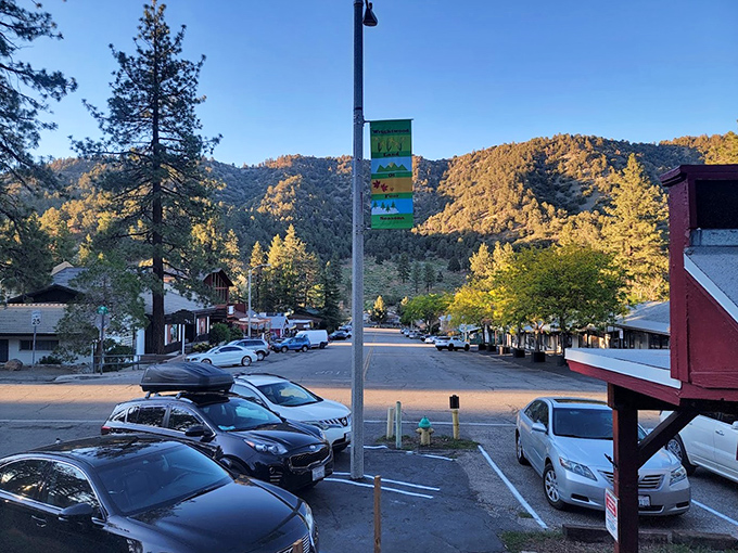 Wrightwood's village center glows in autumn light, surrounded by mountains that make everyday errands feel like scenic adventures.