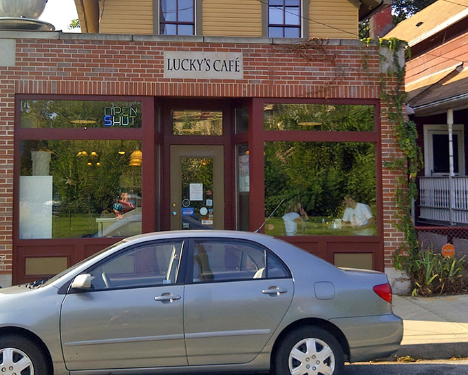 The inviting storefront of Lucky's features warm burgundy trim and large windows that offer a glimpse into Cleveland's worst-kept culinary secret.