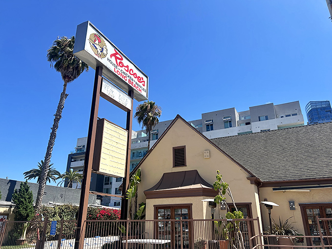 The iconic Roscoe's sign stands tall against the California blue sky, like a beacon calling hungry souls to chicken paradise.