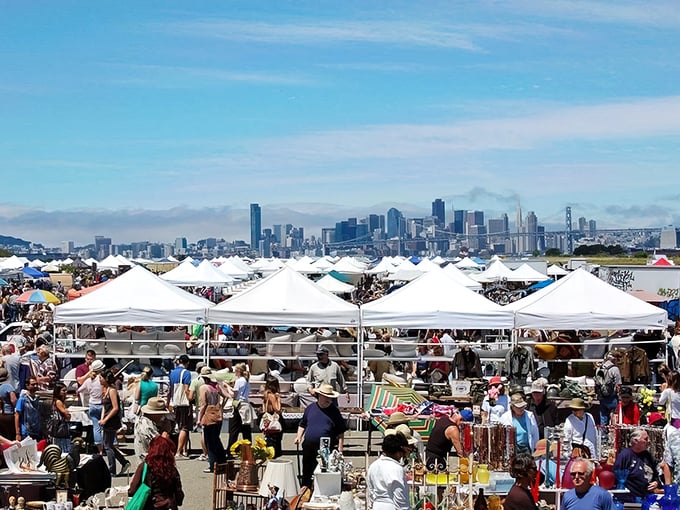 The San Francisco skyline plays supporting actor to the real stars: hundreds of white tents filled with treasures waiting to be discovered on this former naval runway.