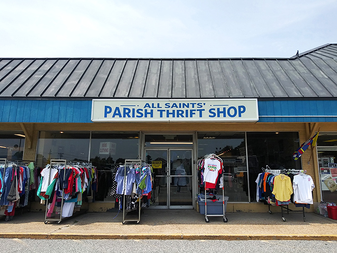 The unassuming blue-trimmed exterior of All Saints' Parish Thrift Shop beckons with racks of clothing treasures spilling onto the sidewalk, like a retail welcome mat.