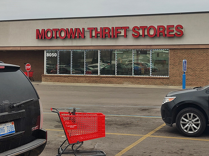 The iconic red Motown Thrift sign promises treasure hunting adventures that won't break the bank. Michigan's bargain paradise awaits!
