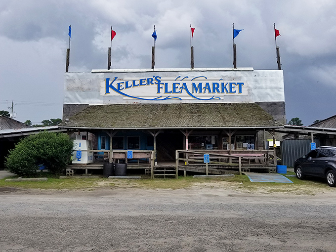 The iconic Keller's Flea Market sign welcomes treasure hunters with its rustic charm and promise of discoveries waiting just beyond those wooden steps.