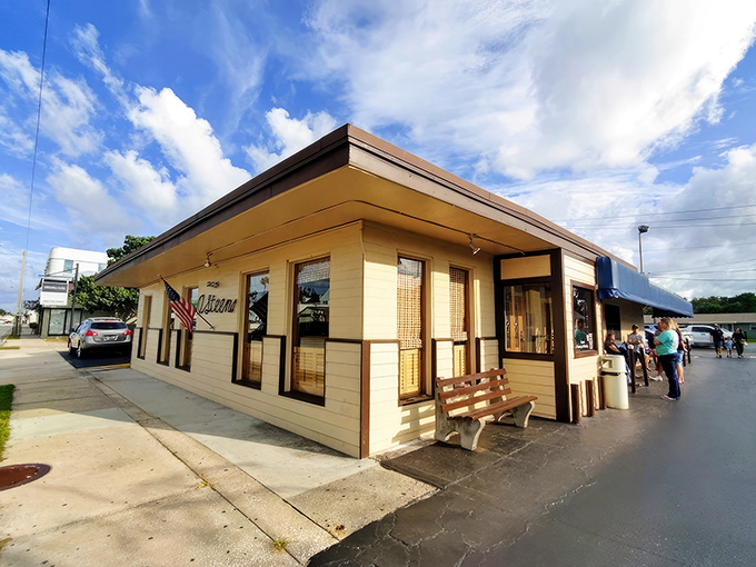 The unassuming exterior of O'Steen's stands like a humble guardian of seafood secrets. No fancy frills, just the promise of Florida's finest catches inside.