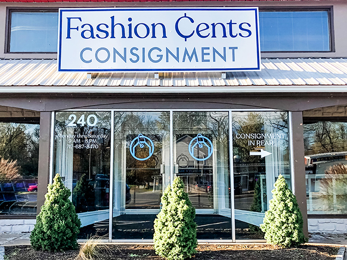 The welcoming storefront of Fashion Cents beckons with its clean lines and neatly trimmed shrubs&mdash;like a retail oasis promising treasures within.
