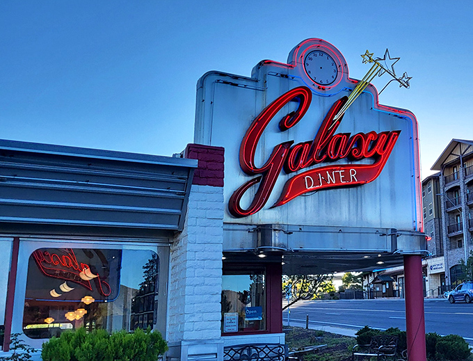 The neon glow of Galaxy Diner's sign against the Flagstaff sky isn't just illumination&mdash;it's a beacon calling hungry travelers home to Route 66 nostalgia.