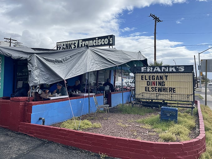 Frank's iconic sign promises "Elegant Dining Elsewhere" &ndash; a refreshing bit of honesty that makes you love the place before you even sit down.
